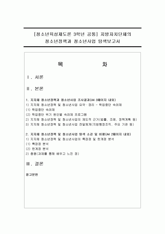 [청소년육성제도론 3학년 공통] 지방자치단체의 청소년정책과 청소년사업 탐색보고서