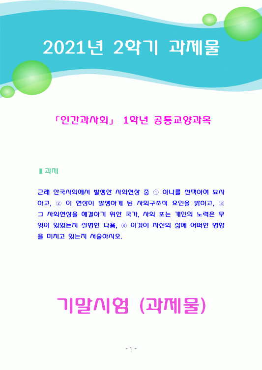 [2021 인간과사회][기말시험] 근래 한국사회에서 발생한 사회현상 중 ① 하나를 선택하여 묘사하고, ② 이 현상이 발생하게 된 사회구조적 요인을 밝히고, ③ 그 사회현상을 해결하기 위한 국가, 사회 또는 개인의 노력은 무엇이 있었는지 설명한 다음, ④ 이것이 자신의 삶에 어떠한 영향을 미치고 있는지 서술하시오.
