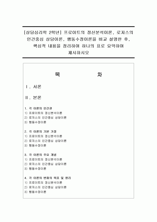 [상담심리학 2학년] 프로이트의 정신분석이론, 로저스의 인간중심 상담이론, 행동수정이론을 비교·설명한 후, 핵심적 내용을 정리하여 하나의 표로 요약