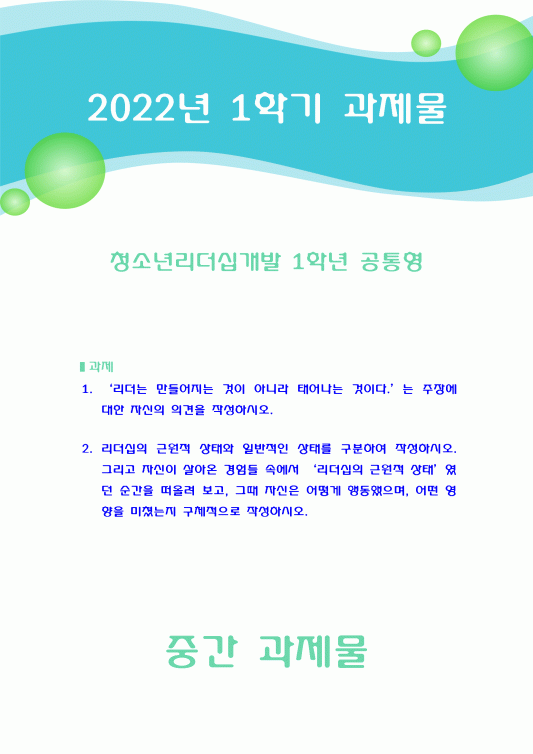 [2022 청소년리더십개발] 1.‘리더는 만들어지는 것이 아니라 태어나는 것이다.’는 주장에 대한 자신의 의견을 작성하시오. 2.리더십의 근원적 상태와 일반적인 상태를 구분하여 작성하시오. 그리고 자신이 살아온 경험들 속에서 ‘리더십의 근원적 상태’였던 순간을 떠올려 보고, 그때 자신은 어떻게 행동했으며, 어떤 영향을 미쳤는지 구체적으로 작성하시오.