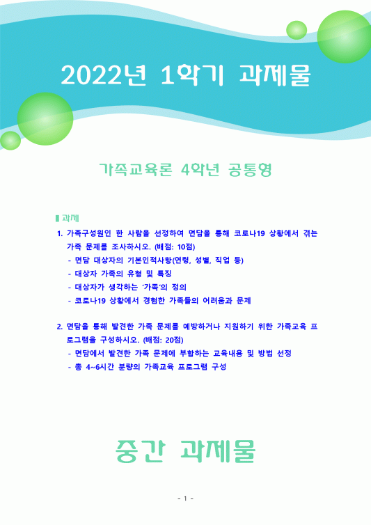 [2022 가족교육론][출처표기] 1.가족구성원인 한 사람을 선정하여 면담을 통해 코로나19 상황에서 겪는 가족 문제를 조사하시오. 2.면담을 통해 발견한 가족 문제를 예방하거나 지원하기 위한 가족교육 프로그램을 구성하시오.