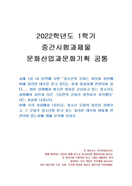 2022년 1학기 문화산업과문화기획 중간시험과제물 공통(청소년 문화의 양상)