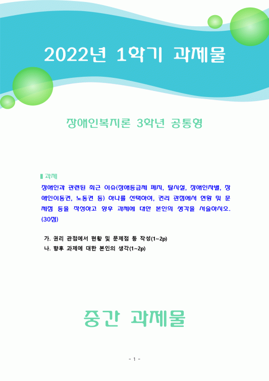 [2022 장애인복지론][탈시설 선정] 장애인과 관련된 최근 이슈(장애등급제 폐지, 탈시설, 장애인차별, 장애인이동권, 노동권 등) 하나를 선택하여, 권리 관점에서 현황 및 문제점 등을 작성하고 향후 과제에 대한 본인의 생각을 서술하시오.