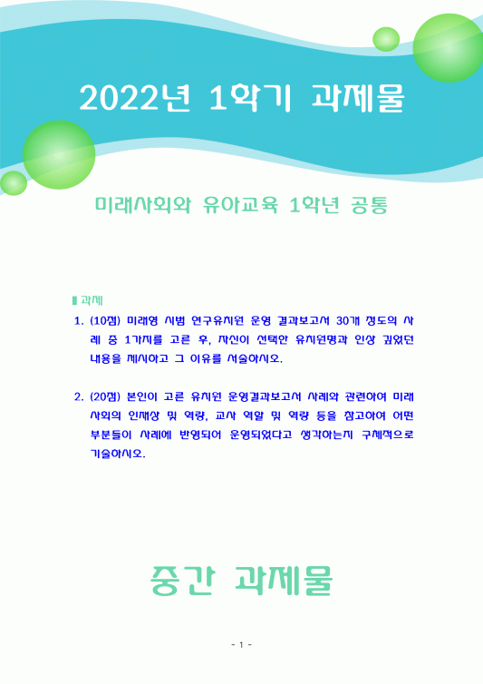 [2022 미래사회와유아교육] 1.미래형 시범 연구유치원 운영 결과보고서 30개 정도의 사례 중 1가지를 고른 후, 자신이 선택한 유치원명과 인상 깊었던 내용을 제시하고 그 이유를 서술하시오. 2. 본인이 고른 유치원 운영결과보고서 사례와 관련하여 미래사회의 인재상 및 역량, 교사 역할 및 역량 등을 참고하여 어떤 부분들이 사례에 반영되어 운영되었다고 생각하는지 구체적으로 기술하시오.