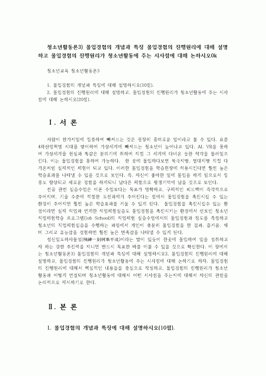 청소년활동론3) 몰입경험의 개념과 특징 몰입경험의 진행원리에 대해 설명하고 몰입경험의 진행원리가 청소년활동에 주는 시사점에 대해 논하시오0k