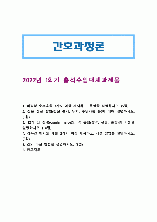 [간호과정론 2022 출석] 1. 비정상 호흡음 2. 심음 청진 방법(청진 순서, 위치, 주위사항 등) 3. 12개 뇌 신경의 각 유형(감각, 운동, 혼합)과 기능 4. 심부건 반사의 예를 3가지 이상 제시하고, 사정 방법 5. 간의 타진 방법