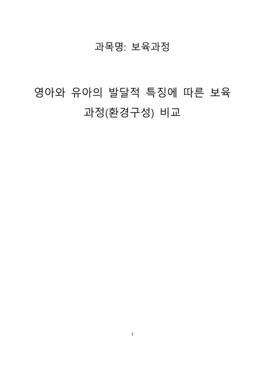영아와 유아의 발달적 특징에 따른 보육과정(환경구성) 비교