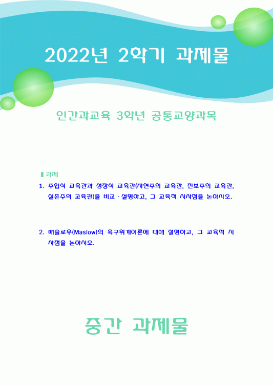 [인간과교육 2022] 1. 주입식 교육관과 성장식 교육관(자연주의 교육관, 진보주의 교육관, 실존주의 교육관)을 비교·설명하고, 그 교육적 시사점을 논하시오. 2. 매슬로우(Maslow)의 욕구위계이론에 대해 설명하고, 그 교육적 시사점을 논하시오.