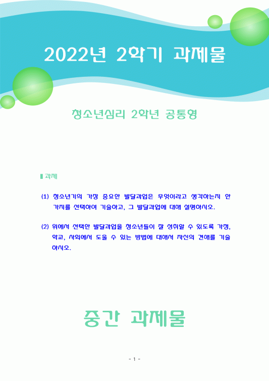 [2022 청소년심리] (1) 청소년기의 가장 중요한 발달과업은 무엇이라고 생각하는지 한 가지를 선택하여 기술하고, 그 발달과업에 대해 설명하시오. (2) 위에서 선택한 발달과업을 청소년들이 잘 성취할 수 있도록 가정, 학교, 사회에서 도울 수 있는 방법에 대해서 자신의 견해를 기술하시오.