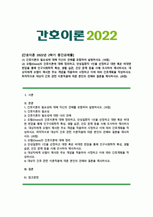 [간호이론 2022] 1) 간호이론의 필요성에 대해 자신의 견해를 포함하여 설명 2) 오렘(Orem)의 간호이론 정리, 만성질환자 1인을 선정하고 대면 혹은 비대면 면담을 통해 인구사회학적 특성, 생활 습관, 건강 문제 사례 조사, 대상자에게 오렘의 주요 개념을 적용하여 사정하고 간호계획을 작성, 대상자 간호 관련 이론적용에 따른 본인의 견해와 결론