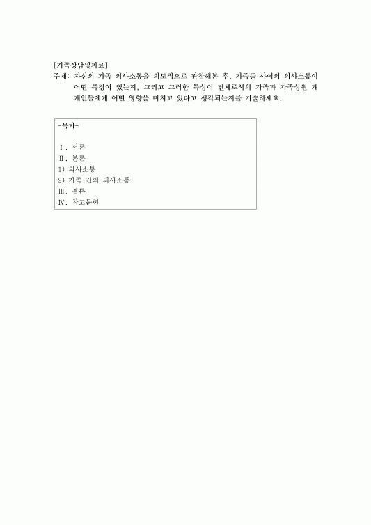 가족상담및치료 자신의 가족 의사소통을 의도적으로 관찰해본 후, 가족들 사이의 의사소통이        어떤 특징이 있는지, 그리고 그러한 특성이 전체로서의 가족과 가족성원 개        개인들에게 어떤 영향을 미치고 있다고 생각되는지를 기술하세요