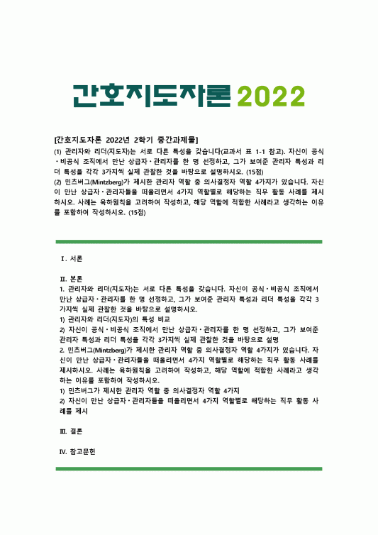 [간호지도자론 2022] (1) 관리자와 리더(지도자)는 서로 다른 특성을 갖는다. 자신이 공식 비공식 조직에서 만난 상급자 관리자의 관리자 특성과 리더 특성 (2) 민츠버그가 제시한 관리자 역할 중 의사결정자 역할 4가지가 있다. 자신이 만난 상급자 관리자들을 떠올리면서 4가지 역할별로 해당하는 직무 활동 사례를 제시