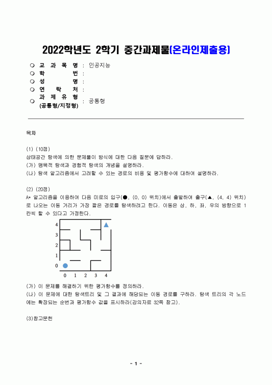 2022년 2학기 방송통신대 인공지능 중간과제물)맹목적 탐색과 경험적 탐색의 개념 탐색 알고리즘에서 고려할 수 있는 경로의 비용 및 평가함수 A* 알고리즘을 이용하여 다음 미로의 입구에서 출발하여 출구치)로 나오는 이동 거리가 가장