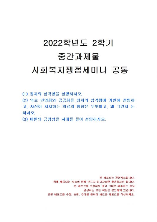 2022년 2학기 사회복지쟁점세미나 중간시험과제물 공통(정치의 삼각형, 비판의 긍정성)