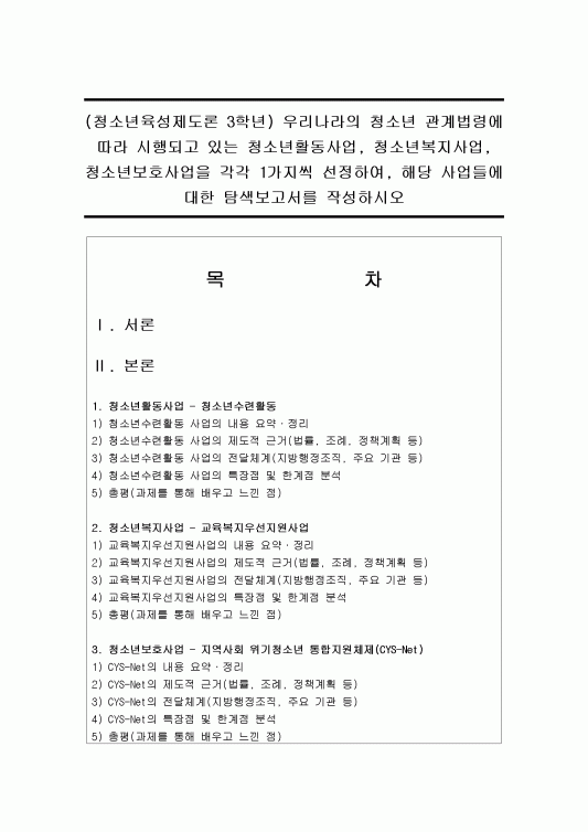 (청소년육성제도론 3학년) 우리나라의 청소년 관계법령에 따라 시행되고 있는 청소년활동사업, 청소년복지사업, 청소년보호사업을 각각 1가지씩 선정하여, 해당 사업들에 대한 탐색보고서