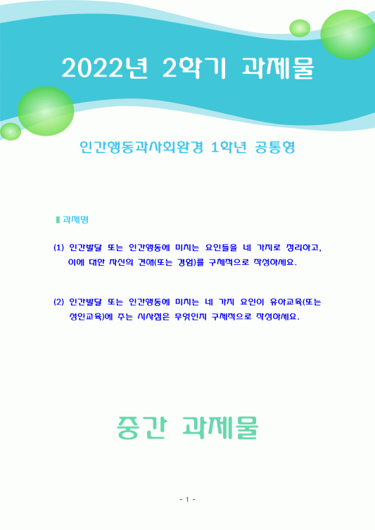 [2022 인간행동과사회환경 1공통] (1) 인간발달 또는 인간행동에 미치는 요인들을 네 가지로 정리하고, 이에 대한 자신의 견해(또는 경험)를 구체적으로 작성하세요. (2) 인간발달 또는 인간행동에 미치는 네 가지 요인이 유아교육(또는 성인교육)에 주는 시사점은 무엇인지 구체적으로 작성하세요.