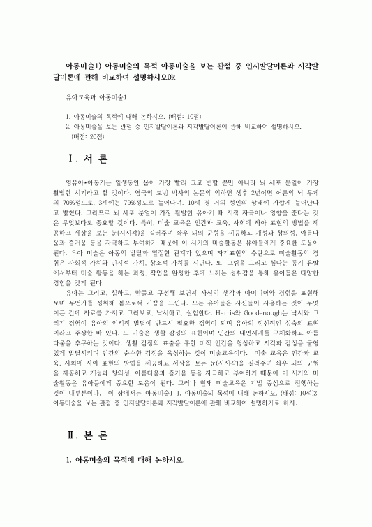 아동미술1) 아동미술의 목적 아동미술을 보는 관점 중 인지발달이론과 지각발달이론에 관해 비교하여 설명하시오0k
