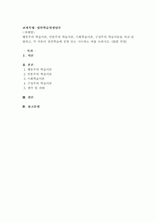 행동주의 학습이론, 인본주의 학습이론, 사회학습이론, 구성주의 학습이론을 비교-설명하고, 각 이론이 성인학습에 공헌 또는 시사하는 바를 논하시오.