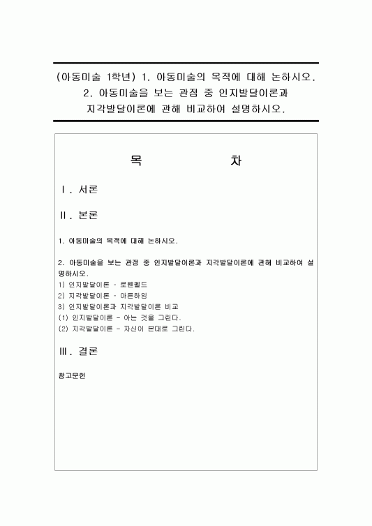 (아동미술 1학년) 1. 아동미술의 목적에 대해 논하시오. 2. 아동미술을 보는 관점 중 인지발달이론과 지각발달이론에 관해 비교하여 설명하시오.