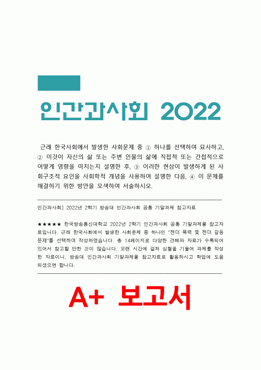 인간과사회 기말 2022] 근래 한국사회에서 발생한 사회문제 중 하나를 선택하여 묘사하고, 이것이 자신의 삶 또는 주변 인물의 삶에 직접적 또는 간접적으로 어떻게 영향을 미치는지 설명한 후, 이러한 현상이 발생하게 된 사회구조적 요인을 사회학적 개념을 사용하여 설명한 다음, 이 문제를 해결하기 위한 방안을 모색하여 서술 -2022년 방송대 인간과사회 기말