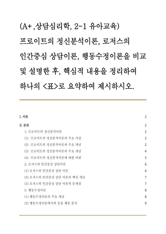 (상담심리학, 2-1 유아교육) 프로이트의 정신분석이론, 로저스의 인간중심 상담이론, 행동수정이론을 비교 및 설명한 후, 핵심적 내용을 정리하여 하나의 <표>로 요약하여 제시하시오.