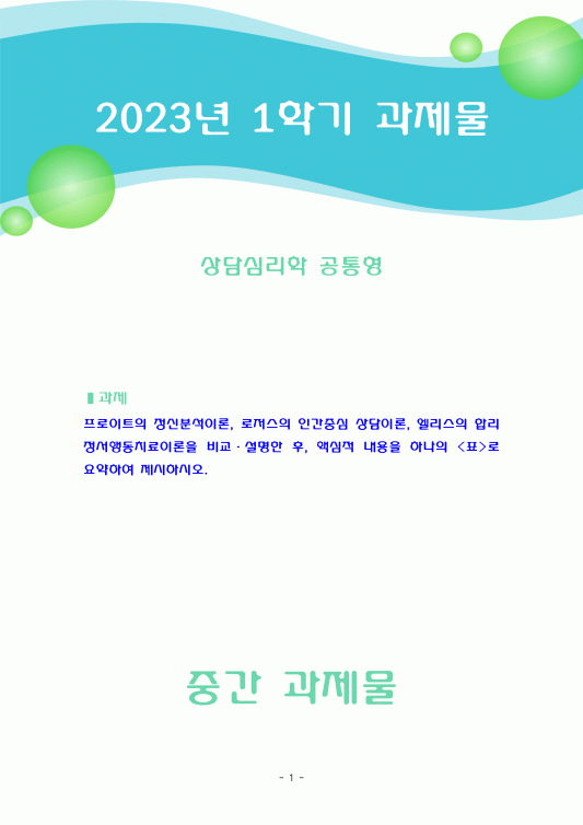 [상담심리학 2023] 프로이트의 정신분석이론, 로저스의 인간중심 상담이론, 엘리스의 합리정서행동치료이론을 비교·설명한 후, 핵심적 내용을 하나의 <표>로 요약하여 제시하시오.