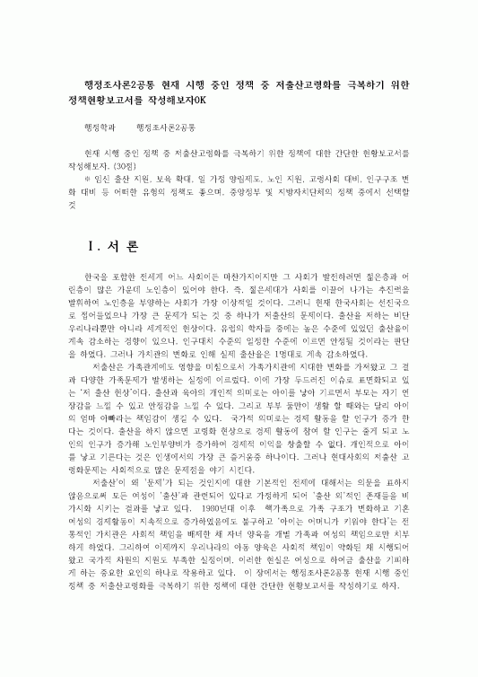 행정조사론2공통 현재 시행 중인 정책 중 저출산고령화를 극복하기 위한 정책에 대한 간단한 현황보고서를 작성해보자0K