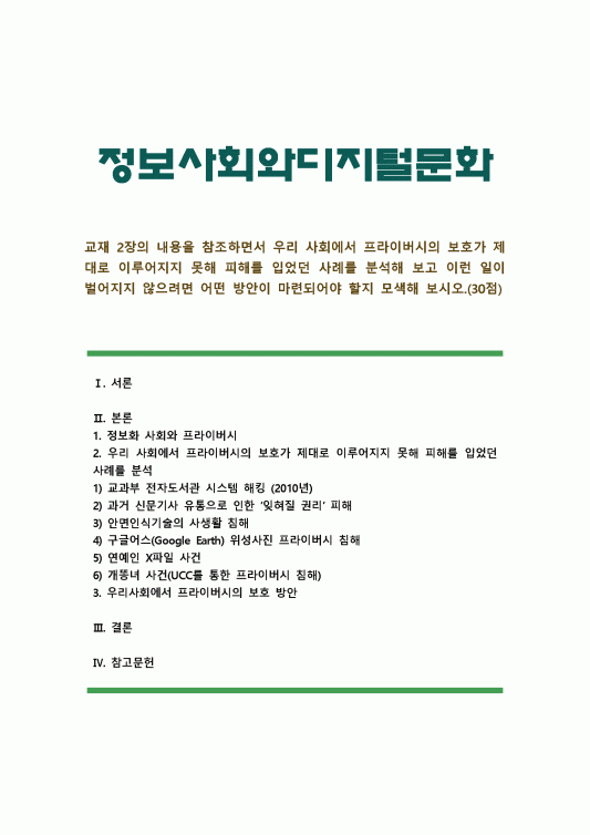 [정보사회와디지털문화 2023] 교재 2장의 내용을 참조하면서 우리 사회에서 프라이버시의 보호가 제대로 이루어지지 못해 피해를 입었던 사례를 분석해 보고 이런 일이 벌어지지 않으려면 어떤 방안이 마련되어야 할지 모색해 보시오.