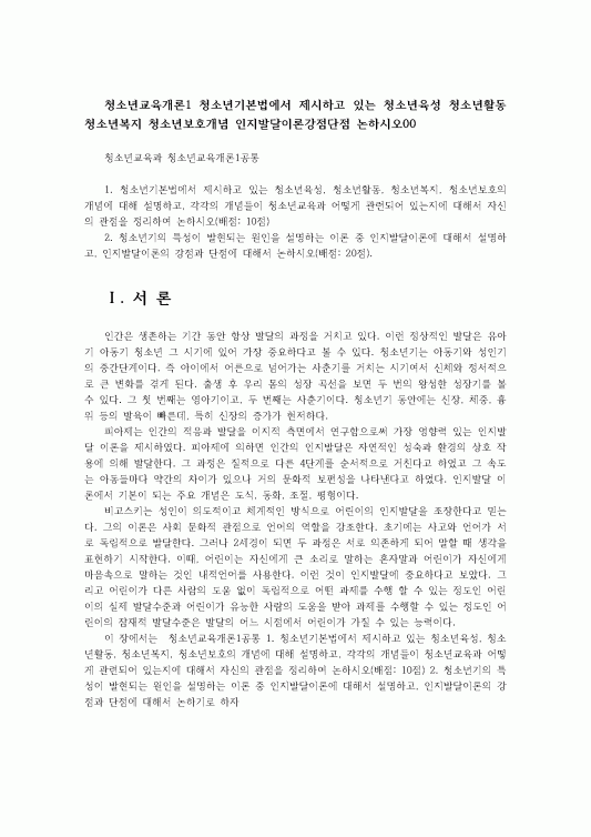 청소년교육개론1 청소년기본법에서 제시하고 있는 청소년육성 청소년활동 청소년복지 청소년보호개념 인지발달이론강점단점 논하시오00