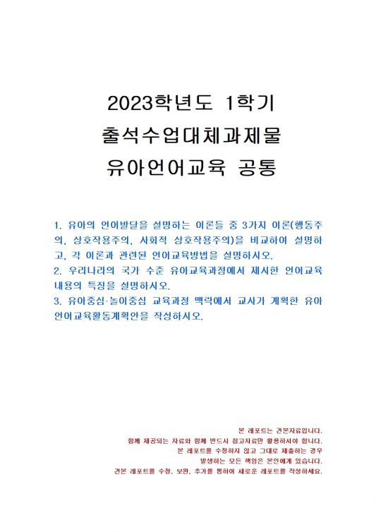 2023년 1학기 유아언어교육 출석수업대체시험 과제물(유아의 언어발달을 설명하는 이론 등)
