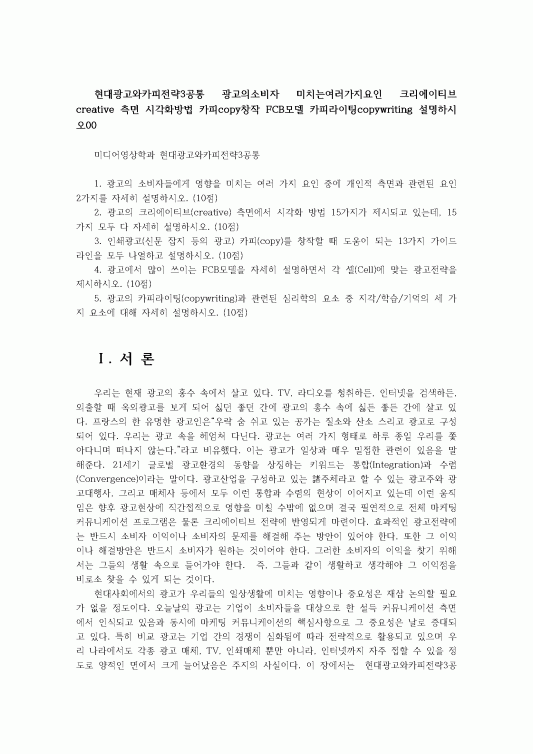 현대광고와카피전략3공통 광고의소비자 미치는여러가지요인 크리에이티브creative 측면 시각화방법 카피copy창작 FCB모델 카피라이팅copywriting 설명하시오00