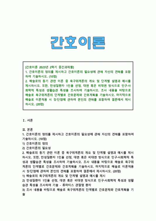 [간호이론 2023] 1. 간호이론의 정의를 제시하고 간호이론의 필요성에 관해 자신의 견해 포함 기술 2. 매슬로의 동기 관련 이론 욕구위계론의 개요 및 단계별 설명과 예시, 만성질환자 1인을 선정, 인구사회학적 특성과 생활습관 특성, 매슬로 욕구위계론의 단계별 간호문제와 간호계획, 매슬로 이론적용 시 장단점에 관하여 본인의 견해를 포함하여 결론에서 제시