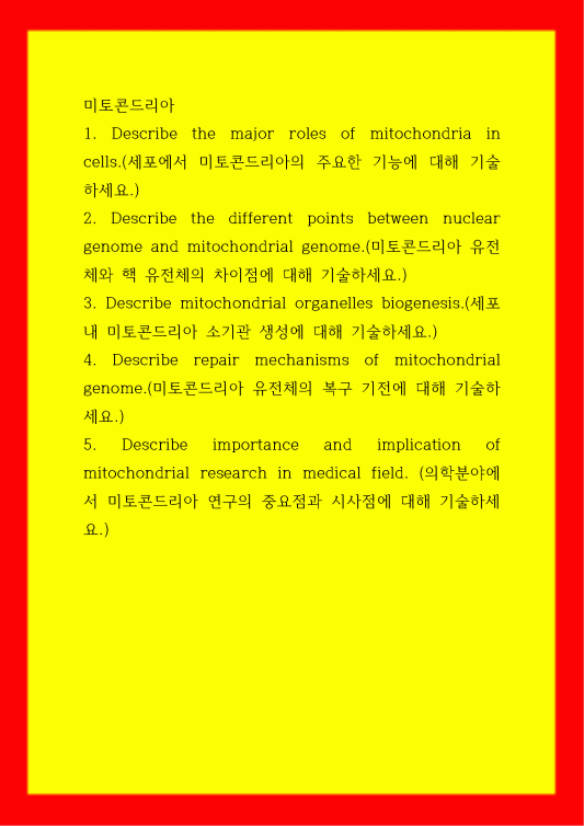 미토콘드리아 Describe the major roles of mitochondria in cells