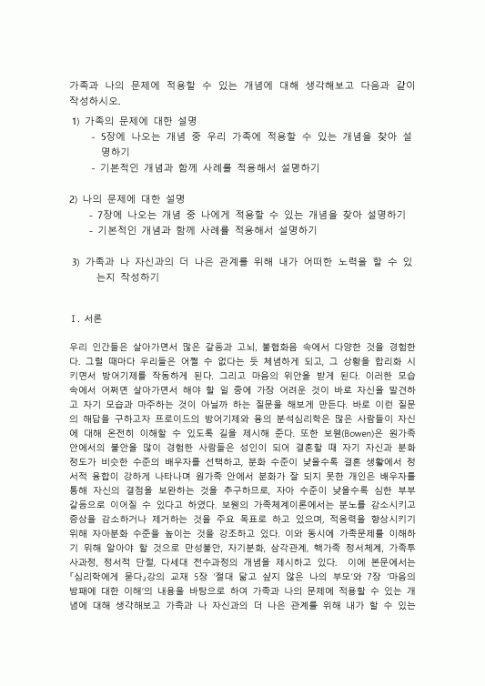 가족과 나의 문제에 적용할 수 있는 개념에 대해 생각해보고 다음과 같이 작성하시오
