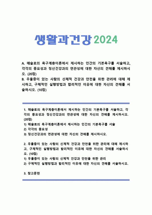 [생활과건강 2024년] A. 매슬로의 욕구계층이론에서 제시하는 인간의 기본욕구를 서술하고, 각각의 중요성과 정신건강과의 연관성에 대한 자신의 견해를 제시하시오. B. 우울증이 있는 사람의 신체적 건강과 안전을 위한 관리에 대해 제시하고, 구체적인 실행방법과 합리적인 이유에 대한 자신의 견해를 서술하시오.