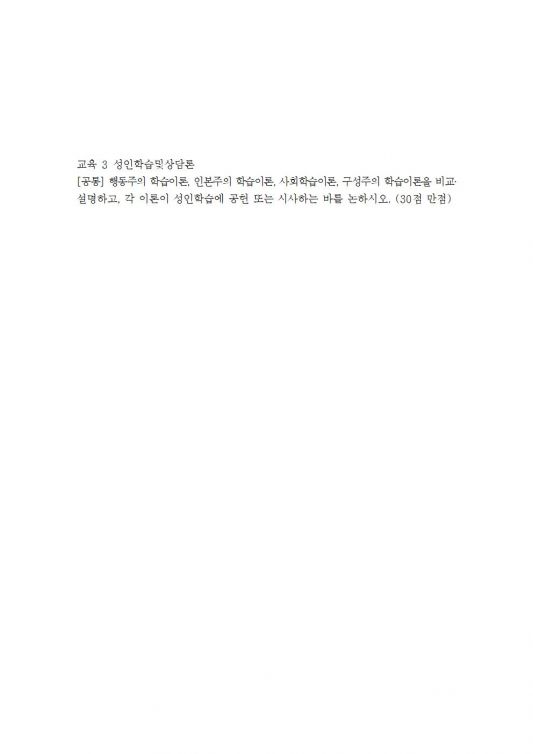 교육 3 성인학습및상담론 [공통] 행동주의 학습이론, 인본주의 학습이론, 사회학습이론, 구성주의 학습이론을 비교·설명하고, 각 이론이 성인학습에 공헌 또는 시사하는 바를 논하시오. (30점 만점) 
