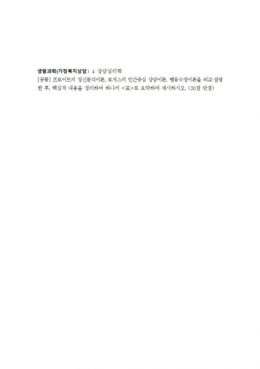 생활과학(가정복지상담) 4 상담심리학 [공통] 프로이트의 정신분석이론, 로저스의 인간중심 상담이론, 행동수정이론을 비교·설명한 후, 핵심적 내용을 정리하여 하나의 <표>로 요약하여 제시하시오. (30점 만점)    