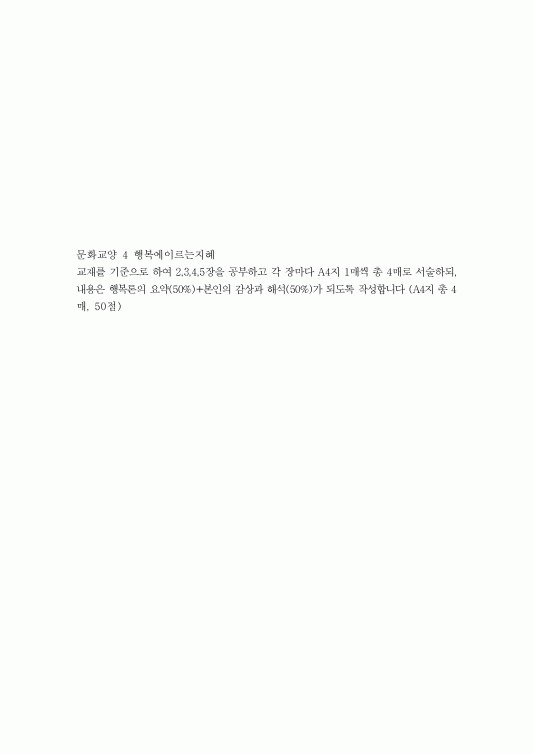 문화교양 4 행복에이르는지혜 교재를 기준으로 하여 2,3,4,5장을 공부하고 각 장마다 A4지 1매씩 총 4매로 서술하되, 내용은 행복론의 요약(50%)+본인의 감상과 해석(50%)가 되도록 작성합니다 (A4지 총 4매, 50점)