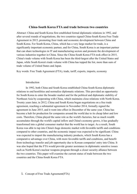 China-South Korea FTA and trade between two countries