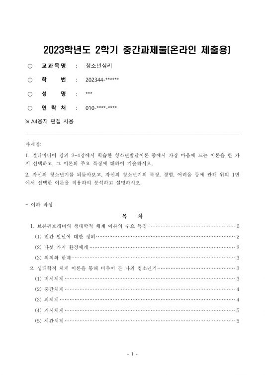 청소년발달이론 - 브론펜브레너의 생태학적 체계 이론의 주요 특징 및 나의 청소년기