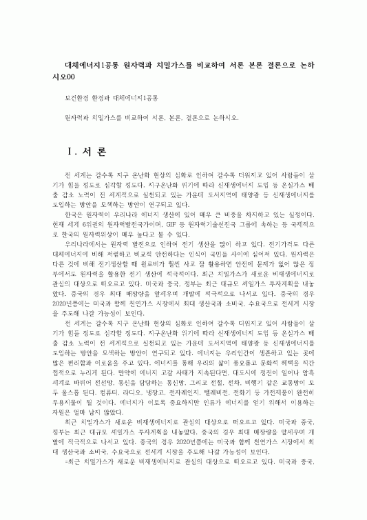 대체에너지1공통 원자력과 치밀가스를 비교하여 서론 본론 결론으로 논하시오00