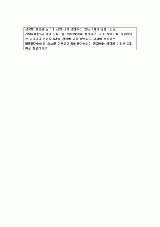 2024년 2학기 경영전략론 중간과제물-글로벌 플랫폼 상거래 산업 내에 경쟁하고 있는 3개의 경쟁기업을 선택하여(한국 기업 포함가 능) VRIO 분석을 행하시오. VRIO 분석표를 사용하되 각 기업마다 적어도 5개의 강점에 대해 분석하고 교재에 등장하는 모방불가능성의 요소를 이용하여 모방불가능성이 존재하는 강점을 기업당 2개 이상 설명하시오.