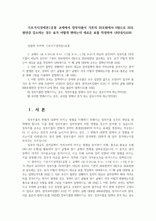 기초거시경제론1공통 교재에서 정부지출이 기존의 20조원에서 0원으로 20조원만큼 감소하는 경우 표가 어떻게 변하는지 새로운 표를 작성하여 나타내시오00