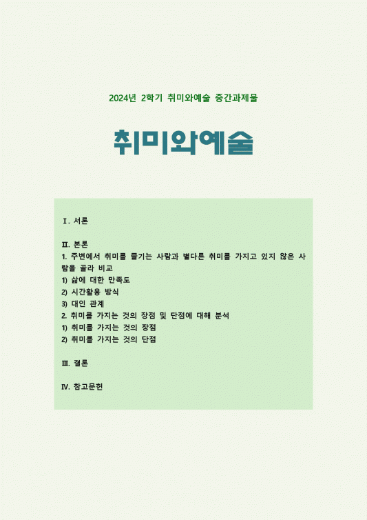[취미와예술 2024] 주변에서 취미를 즐기는 사람과 별다른 취미를 가지고 있지 않은 사람을 골라 비교해 보시오. 비교 과정에서는 삶에 대한 만족도, 시간활용 방식, 대인 관계 등에 초점을 맞춰 보시오. 그리고 이 비교에 기반을 두고 취미를 가지는 것의 장점 및 단점에 대해 분석해 보시오.