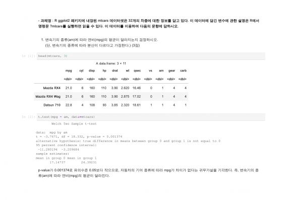 R데이터분석 2024년 2학기 방송통신대 출석수업대체과제물)R ggplot2 패키지에 내장된 mtcars 데이터셋은 32개의 차종에 대한 정보를 담고 있다. 이 데이터에 담긴 변수에 관한 설명은 R에서 명령문 ?mtcars를 실행하면 읽을 수 있다. 이 데이터를 이용하여 다음의 문항에 답하시오.