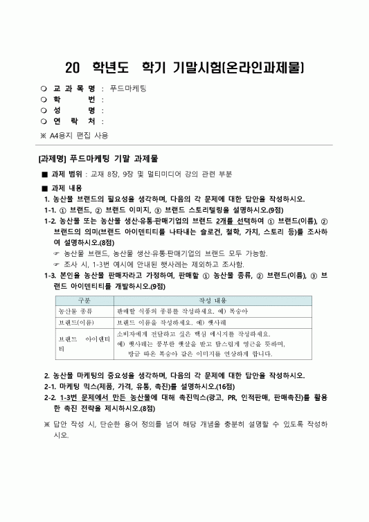 푸드마케팅_브랜드, 브랜드 이미지, 브랜드 스토리텔링을 설명하시오. 농산물 또는 농산물 생산, 유통, 판매기업의 브랜드 2개를 선택하여 브랜드(이름), 브랜드의 의미를 조사하여 설명하시오. 본인을 농산물 판매자라고 가정하여, 판매할 농산물 종류, 브랜드(이름), 브랜드 아이덴티티를 개발하시오. 마케팅 믹스를 설명하시오.