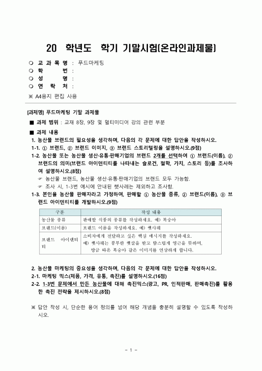 푸드마케팅_브랜드, 브랜드 이미지, 브랜드 스토리텔링을 설명하시오. 농산물 또는 농산물 생산, 유통, 판매기업의 브랜드 2개를 선택하여 브랜드(이름), 브랜드의 의미를 조사하여 설명하시오. 본인을 농산물 판매자라고 가정하여, 판매할 농산물 종류, 브랜드(이름), 브랜드 아이덴티티를 개발하시오. 마케팅 믹스를 설명하시오.