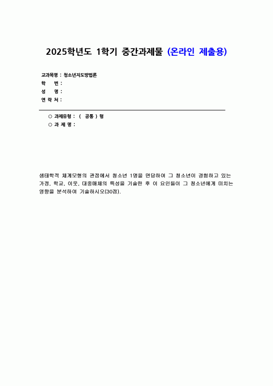 [청소년지도방법론 2025년 1학기 중간과제물] 생태학적 체계모형의 관점에서 청소년 1명을 면담하여 그 청소년이 경험하고 있는 가정, 학교, 이웃, 대중매체의 특성을 기술한 후 이 요인들이 그 청소년에게 미치는 영향을 분석하여 기술하시오