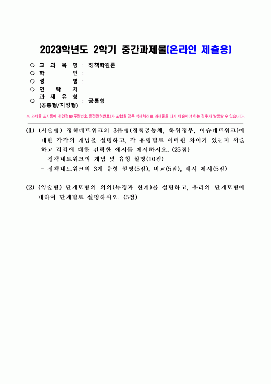 정책학원론(중간)_(1) 정책네트워크의 3유형(정책공동체, 하위정부, 이슈네트워크)에 대한 각각의 개념을 설명하고, 각 유형별로 어떠한 차이가 있는지 서술하고 각각에 대한 간략한 예시를 제시하시오