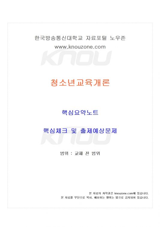 2025년 1학기 청소년교육개론 교재전범위 핵심요약노트